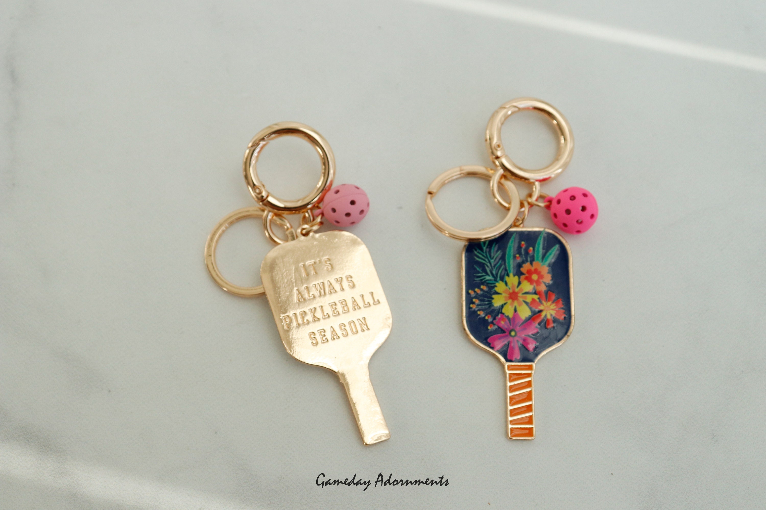 Dangling Pickleball & Paddle Enamel Keychain, Wild Flower Pattern, Pink ...