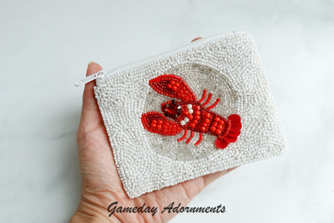 Beaded Coastal Crawfish Coin Bag, Beach Cajun Crayfish Travel Pouch ...