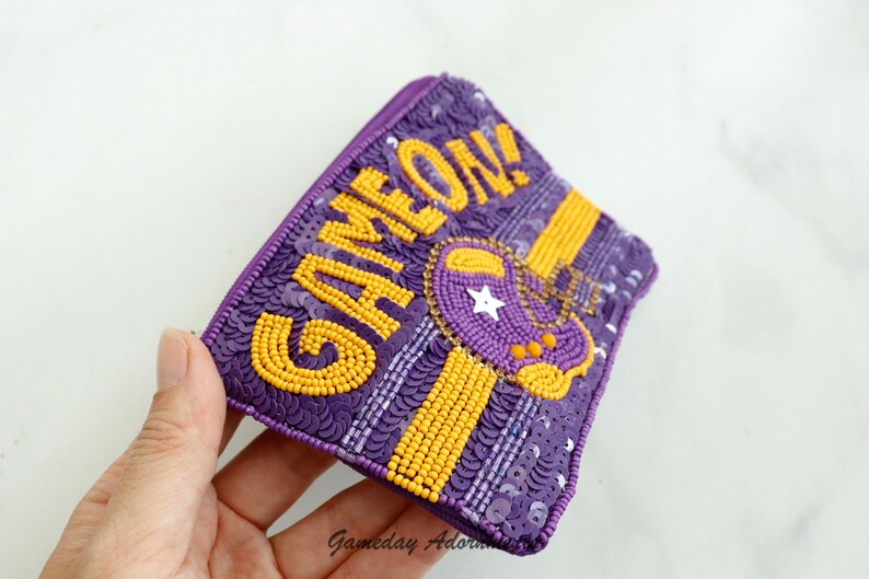 Purple Yellow Beaded Helmet Pouch, Seeded Gameday Cheer Flair, Travel ...