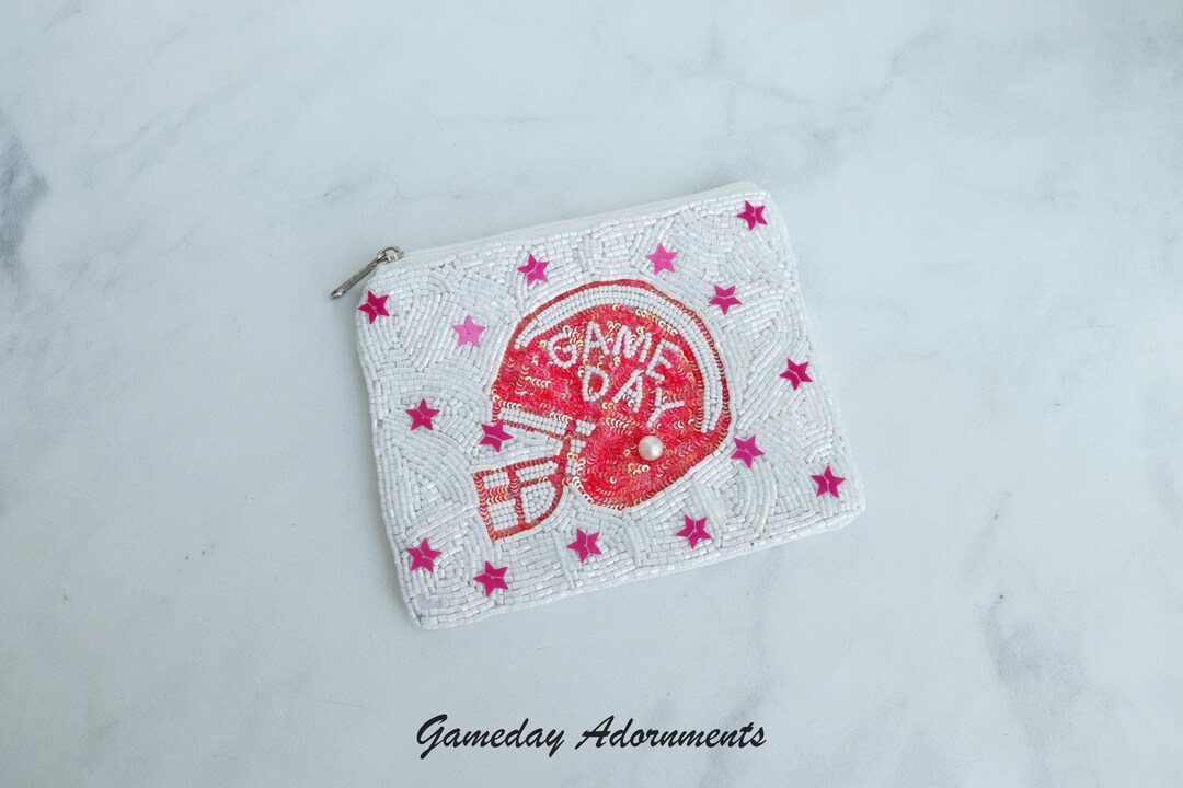 Pink Helmet Game Day Mini Sequins White Beaded Football Coin Purse ...
