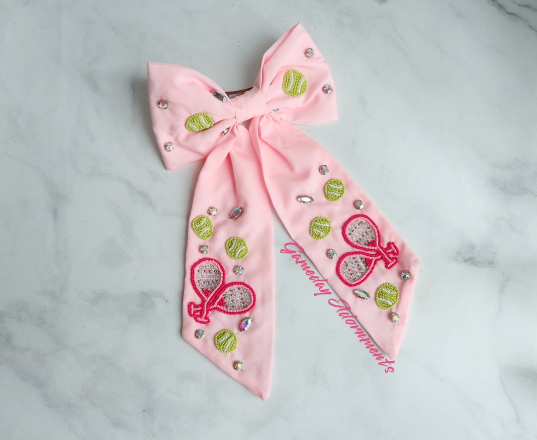 Tennis Flair Seed Bead Patched Bright Pink Ribbon Bow Clip, Tennis ...