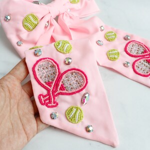 Tennis Flair Seed Bead Patched Bright Pink Ribbon Bow Clip, Tennis ...