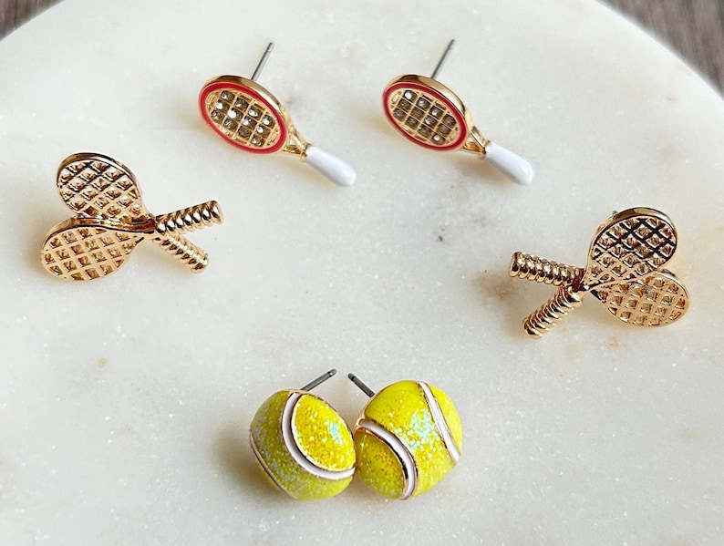 Dainty 6pc Enamel Tennis Racket Earrings Set CZ Pink Edge Racket ...