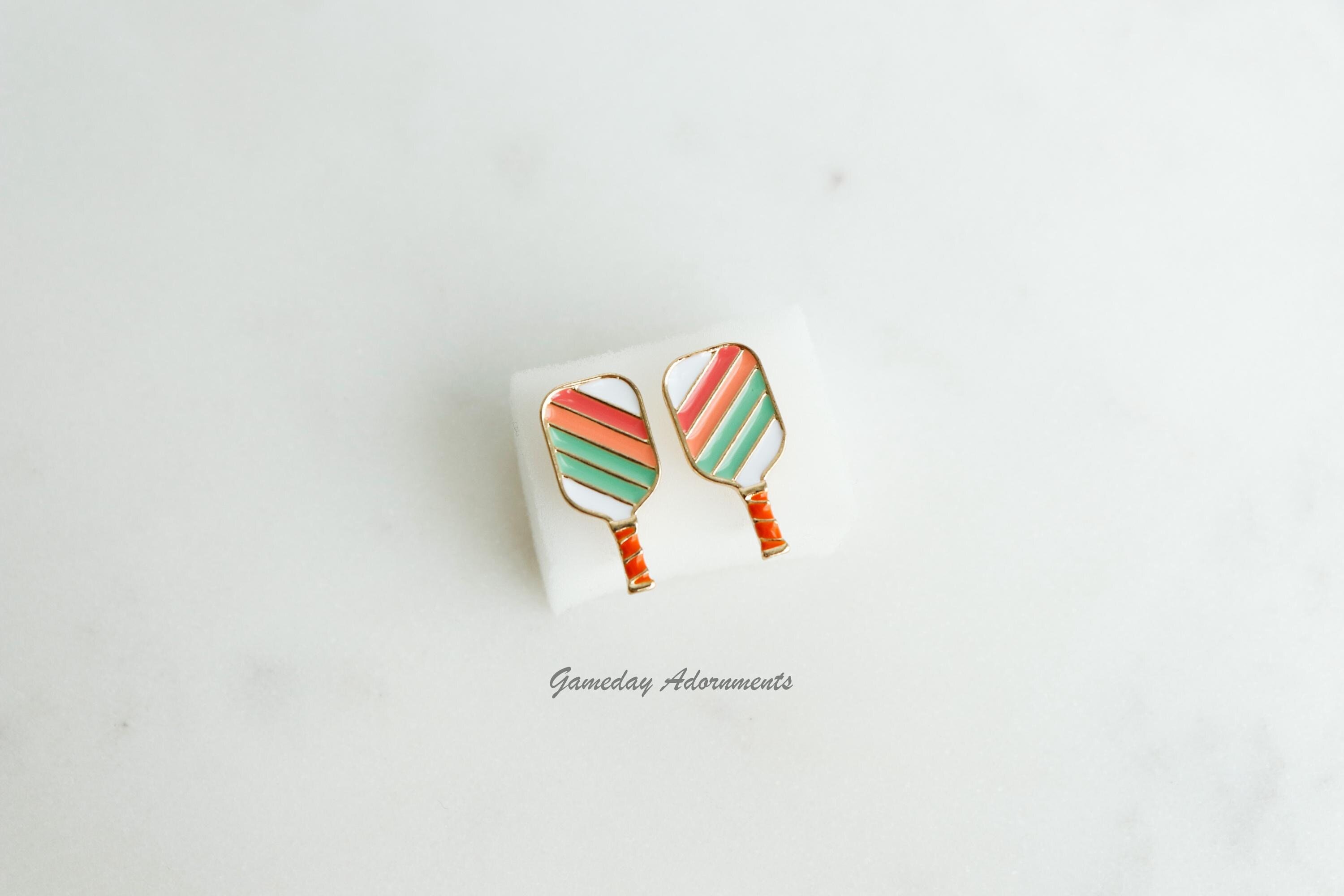 Retro Pastel Colors Striped Pickleball Paddle Enamel Earrings, Diagonal ...