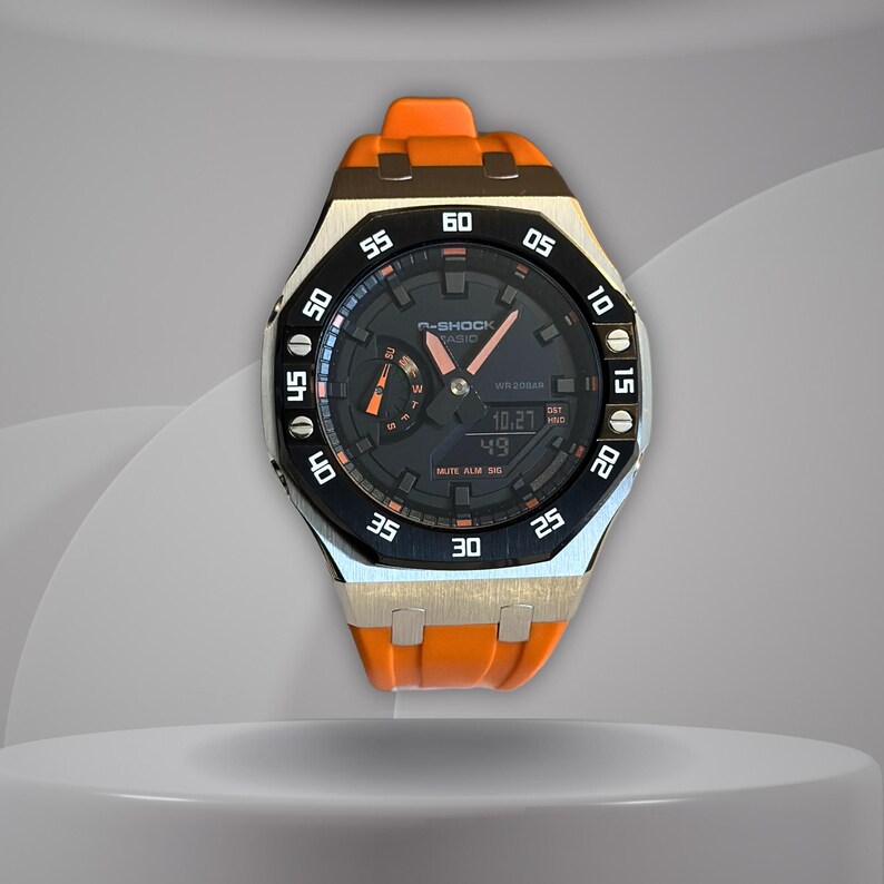 Custom G-shock GA2100 Casioak Steel Mod - Orange Silver | Modded Gshock ...