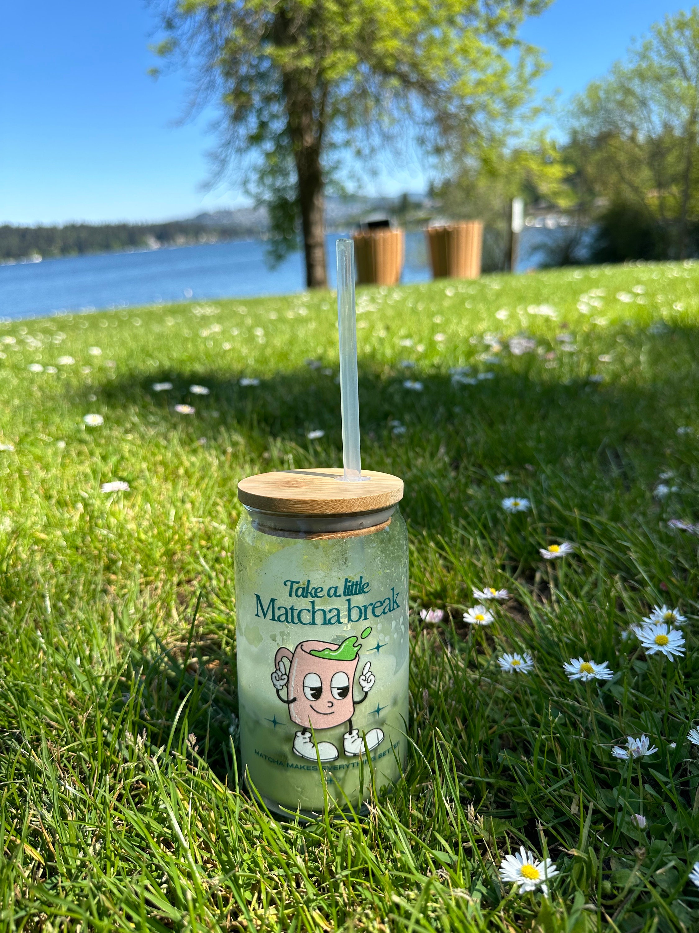 16oz Take a Little Matcha Break Iced Matcha Glass With Bamboo Lid and ...