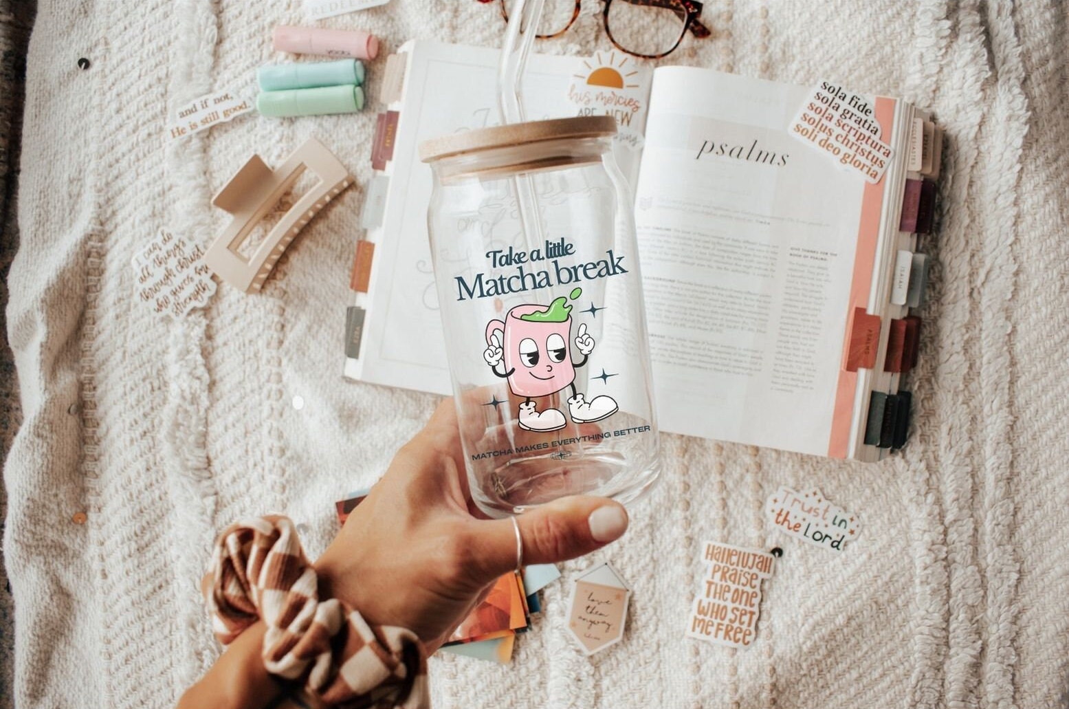 16oz Take a Little Matcha Break Iced Matcha Glass With Bamboo Lid and ...