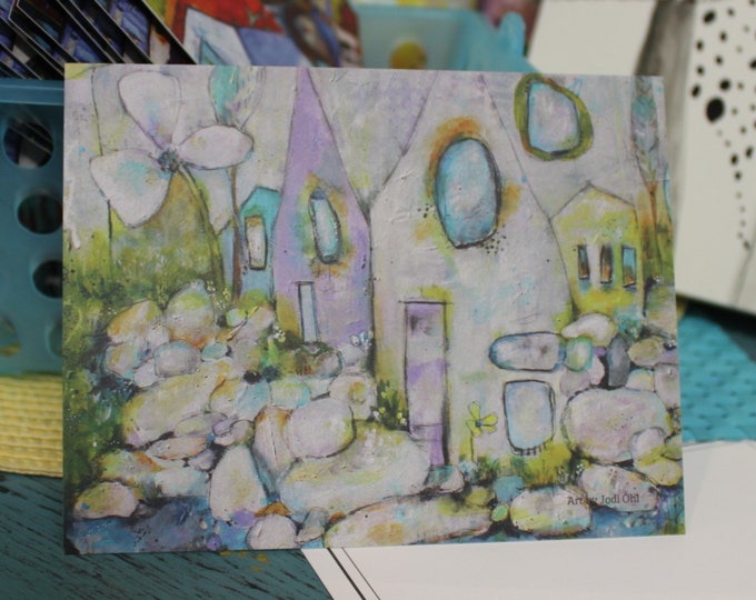 Cottage Houses Note Card in Lavender Green White and Yellow - Etsy
