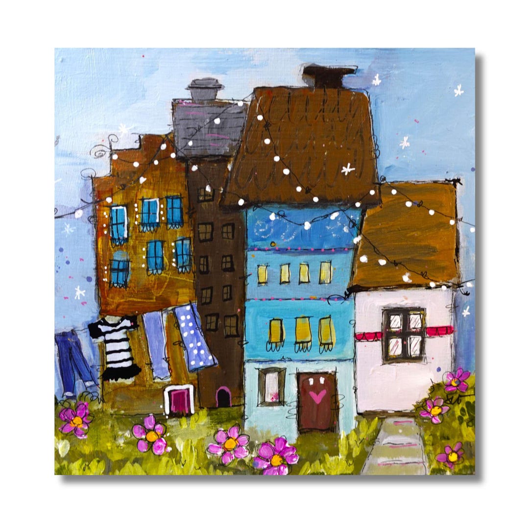Funky Houses Original Painting on Wood Gift for New Home Owner Friend ...
