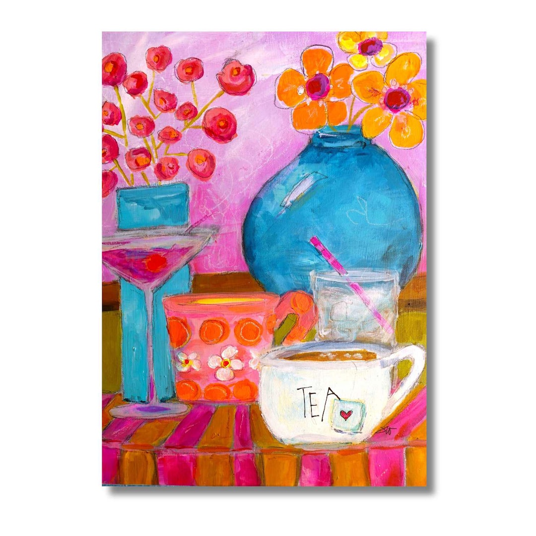 Whimsical Still Life Painting: Martini, Tea, Flowers - Original Art on ...