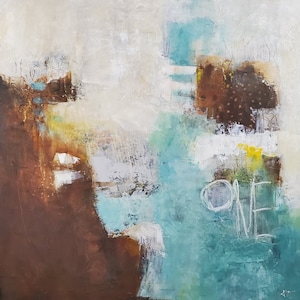 Aqua and Brown Contemporary Original Cold Wax and Oil Painting "one" on ...
