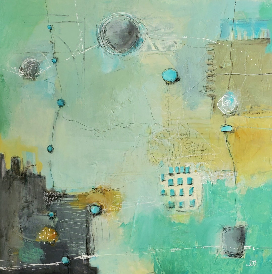 Abstract Acrylic Painting: Jade Green, Gray, Teal - "castle in the Sky ...