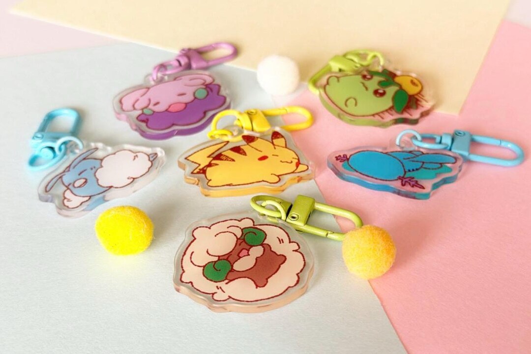 Sleepy Pokemon Keychain ft. Pikachu, Wooper, Swablu, Smoliv, Goomy, and ...