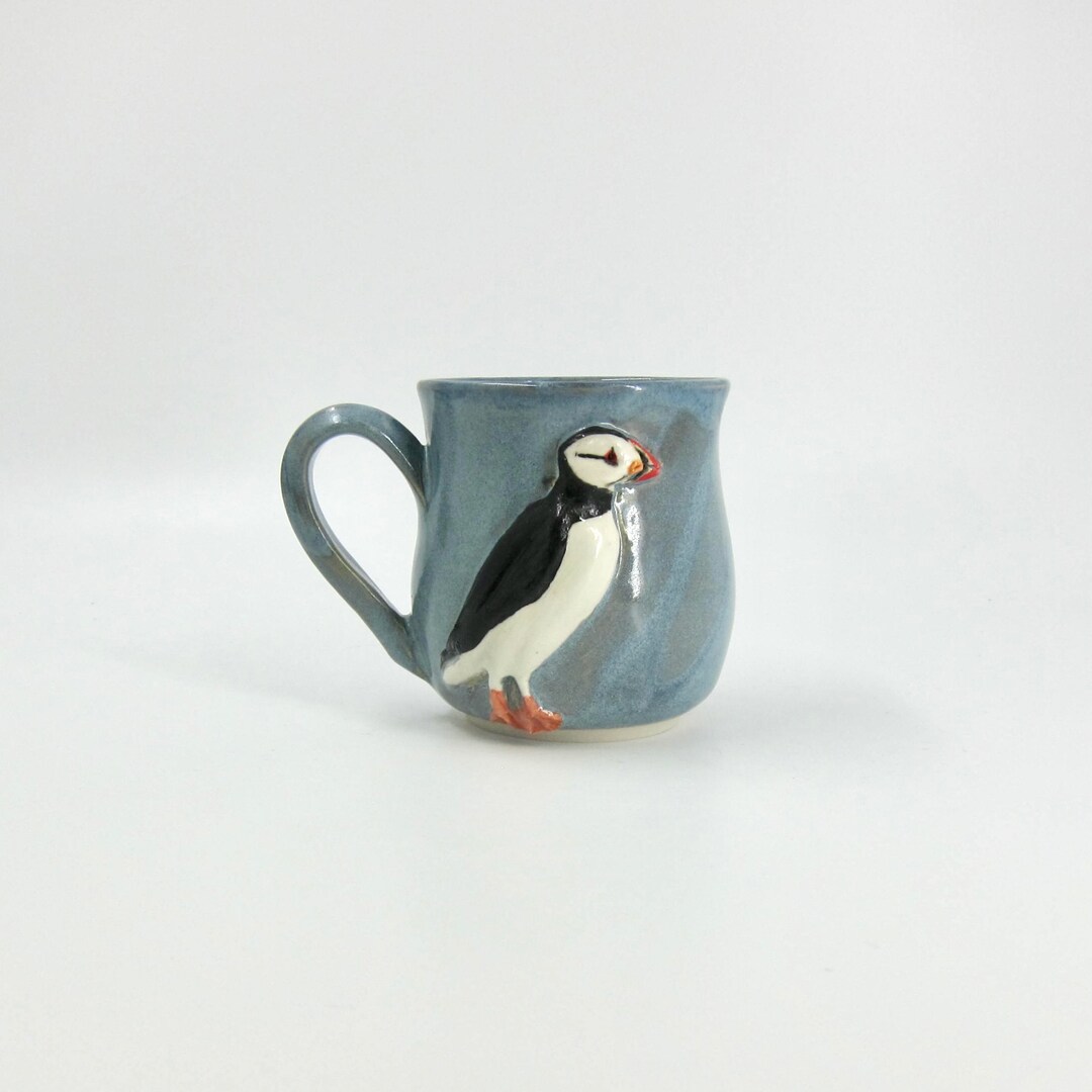RESERVED - Atlantic Puffin Mug - Handmade Pottery - Sky Blue and Black ...