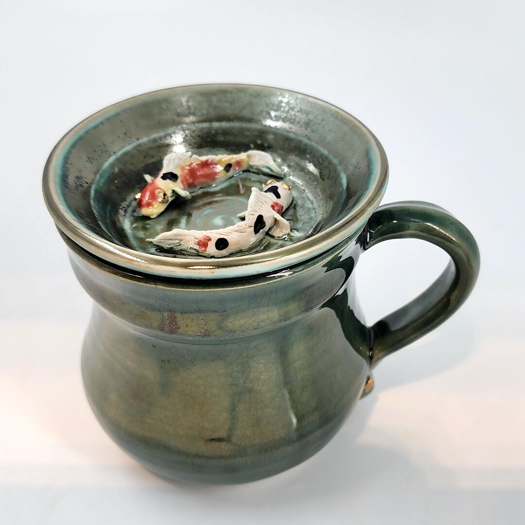 Koi and Frog Pottery Mug With Cover Unique Sculpted Images on Wheel ...