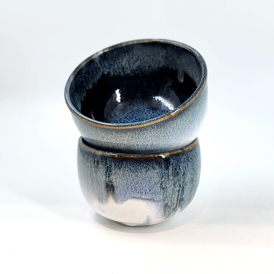 Two White and Black Creating Blue Yunomi - Wheel-thrown White Stoneware ...