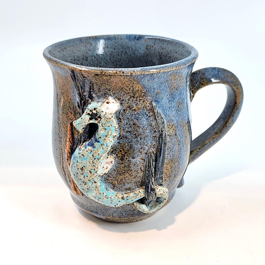Light Blue Seahorse With Seaweed on a Blue-glazed Mug - Wheel-thrown ...