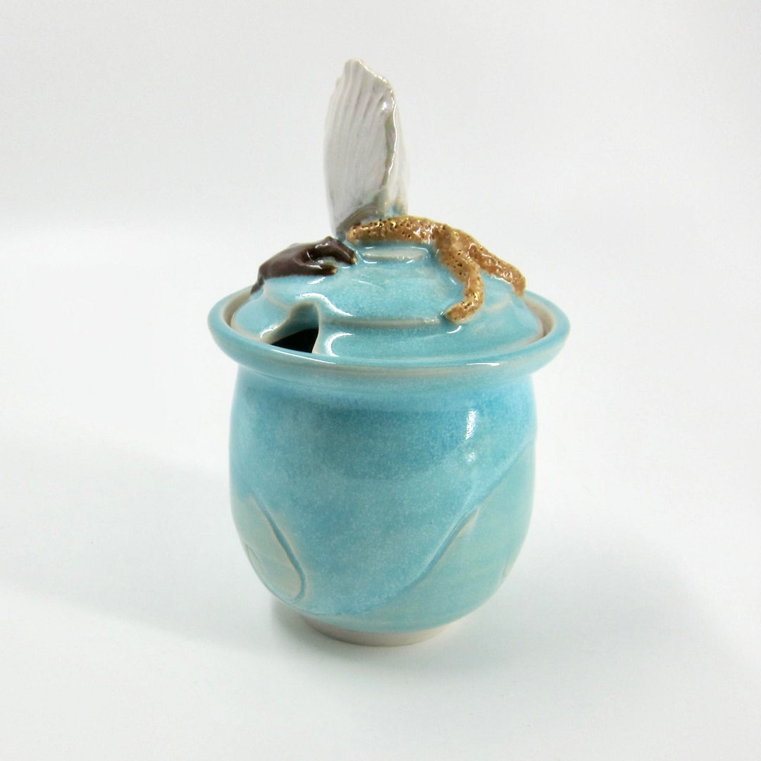 Unique Seascape Covered Sugar Jar With Hand-sculpted Shell Handle and ...