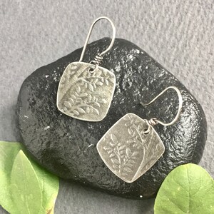 Silver Rounded Square With Textured Leaves Dangle Earrings - Etsy