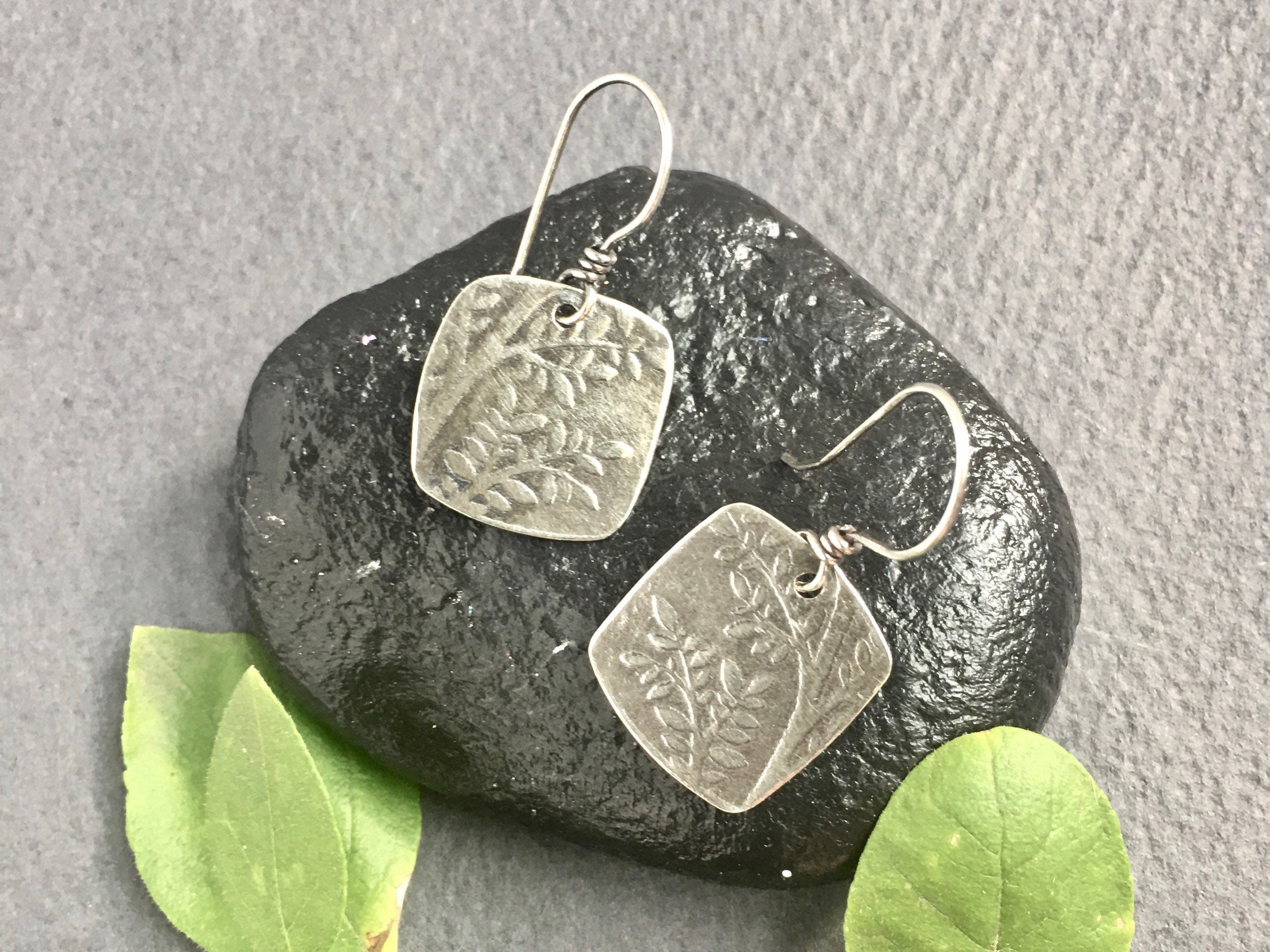 Silver Rounded Square With Textured Leaves Dangle Earrings - Etsy