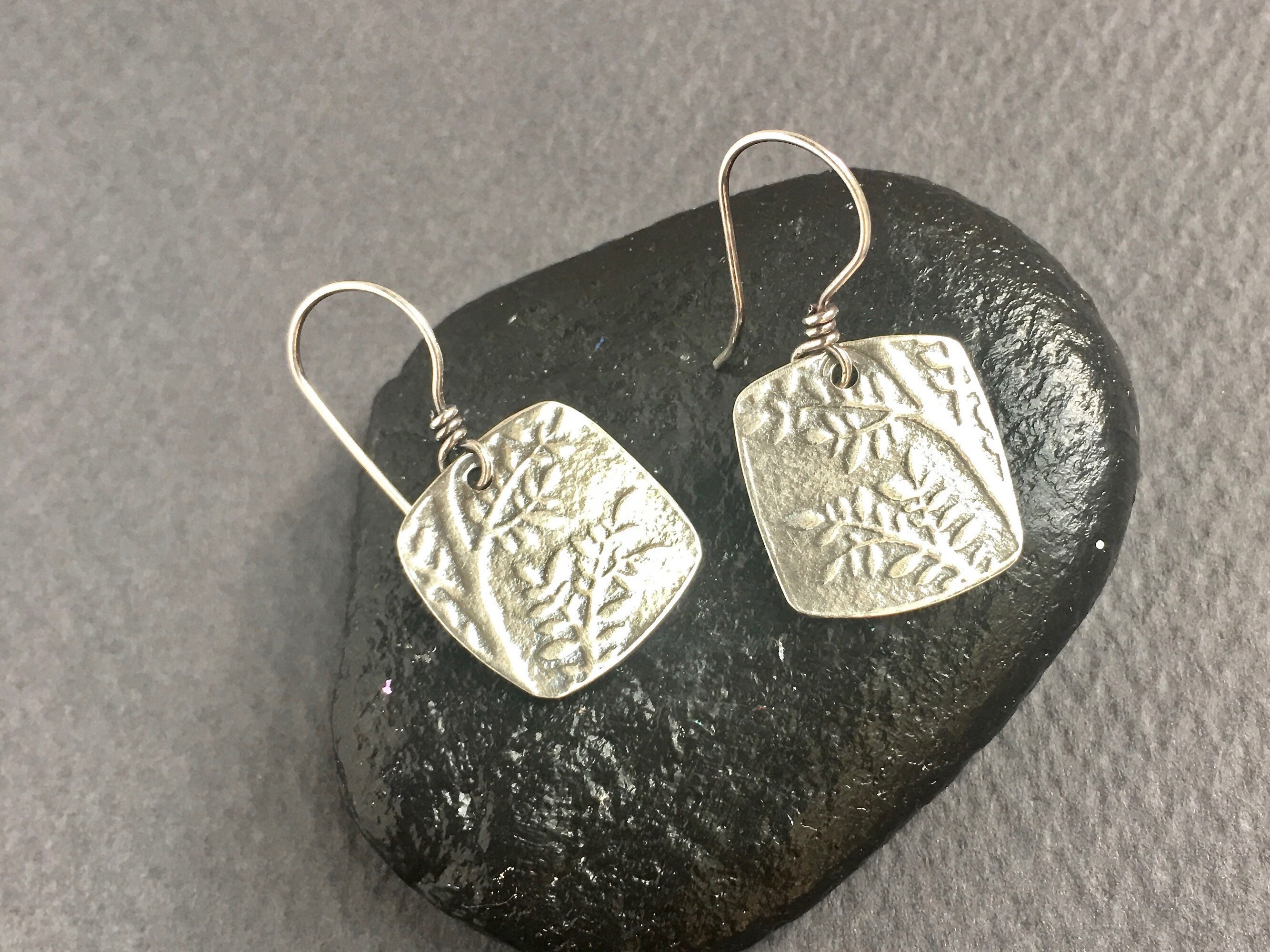 Silver Rounded Square With Textured Leaves Dangle Earrings - Etsy