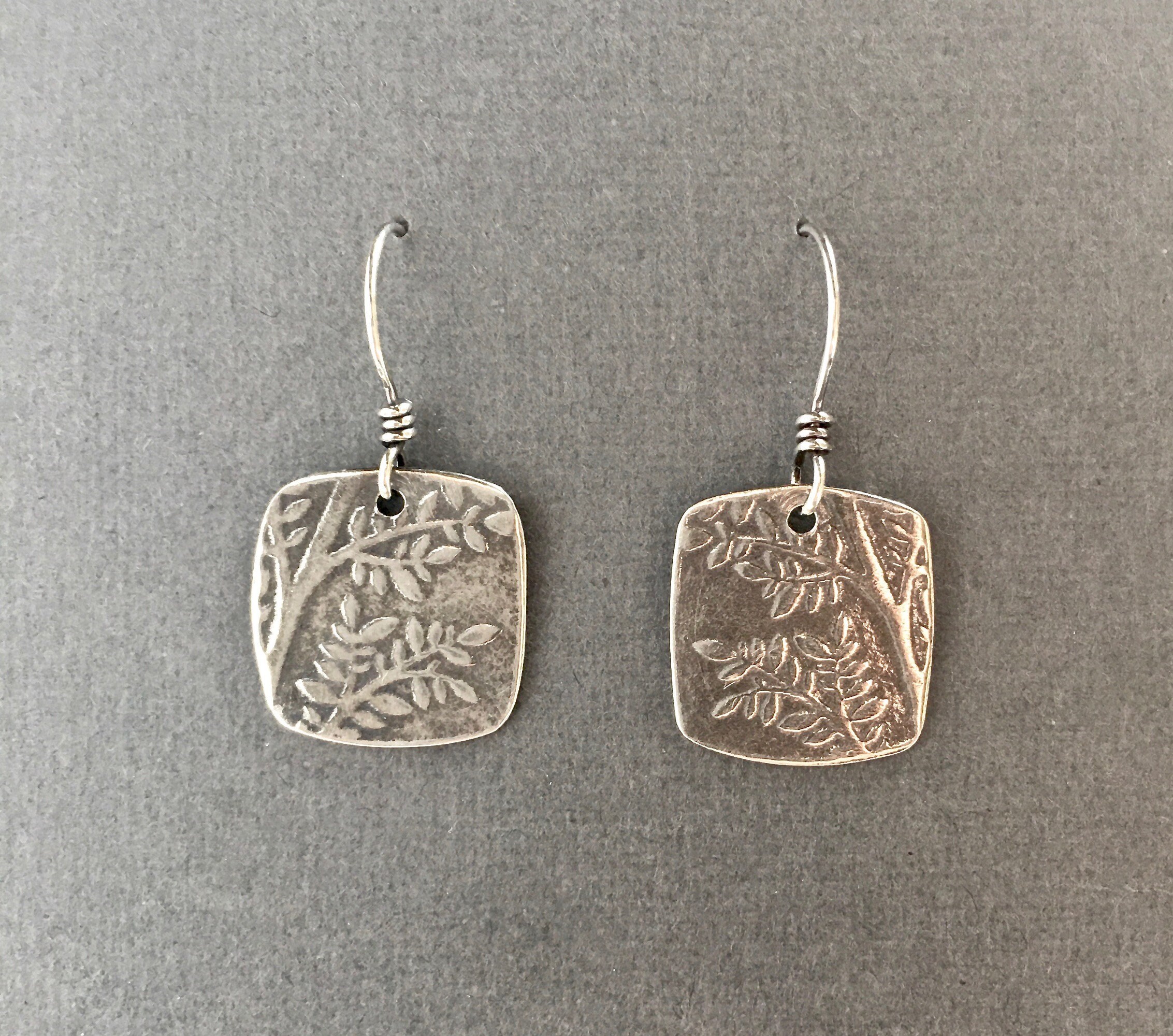 Silver Rounded Square With Textured Leaves Dangle Earrings - Etsy
