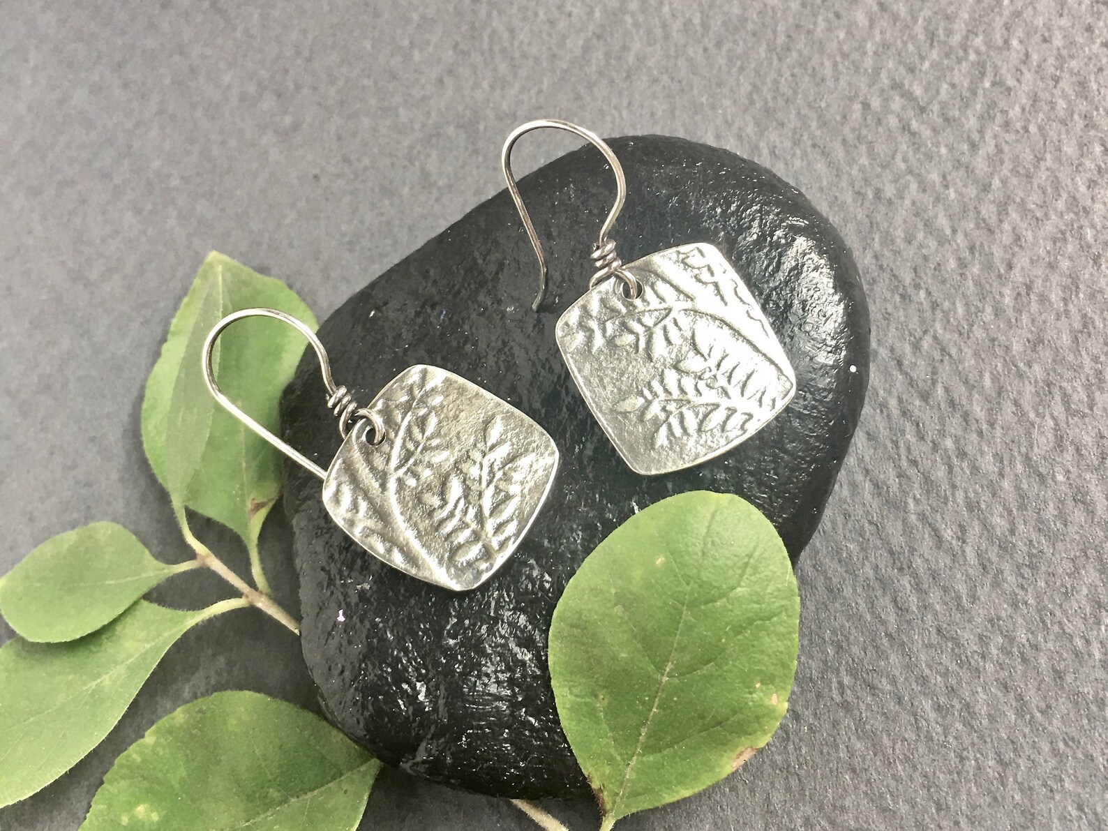 Silver Rounded Square With Textured Leaves Dangle Earrings - Etsy