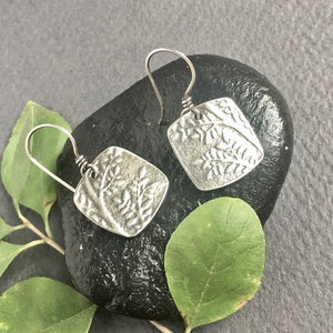 Silver Rounded Square With Textured Leaves Dangle Earrings - Etsy
