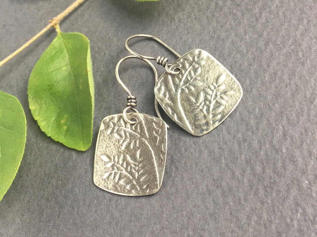 Silver Rounded Square With Textured Leaves Dangle Earrings - Etsy