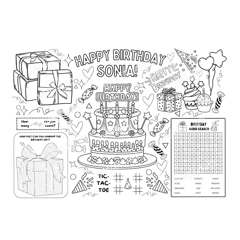 Birthday Party Activity Sheet, Interactive Coloring Gift - Customizable ...
