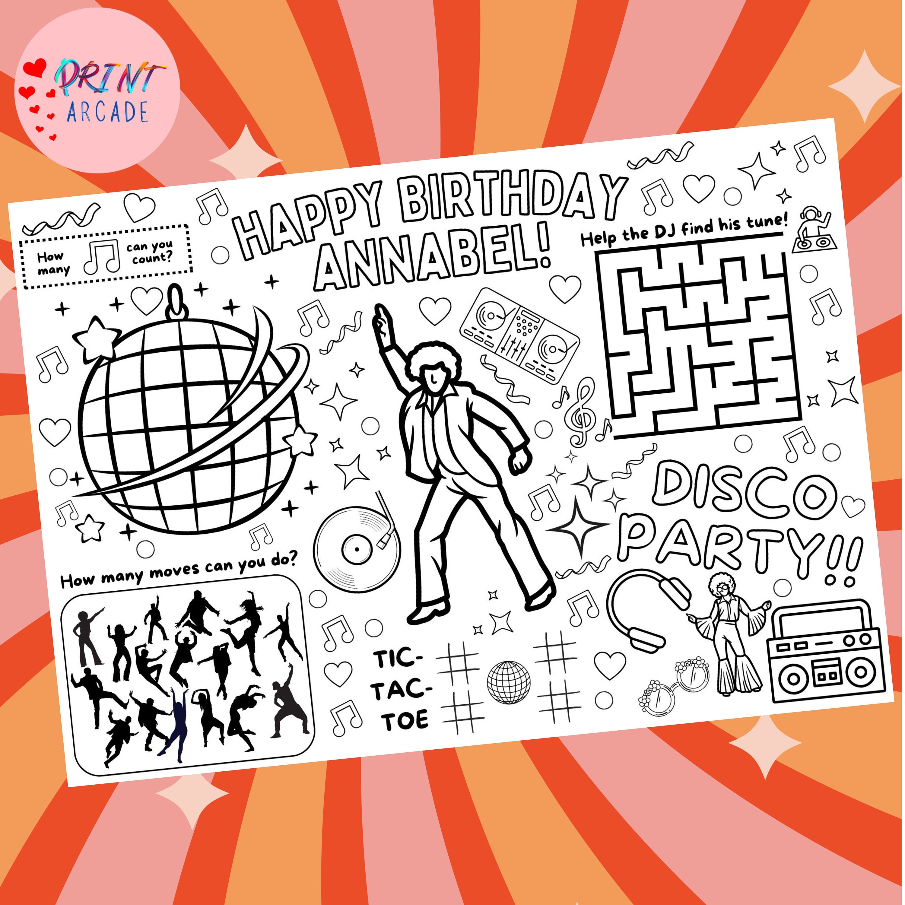 Disco Birthday Party Activity Sheet, Interactive Coloring Gift ...