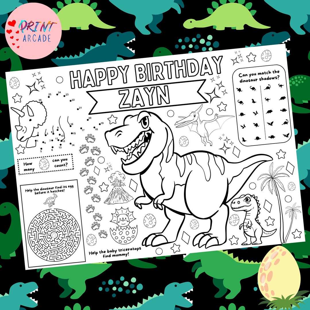 Dinosaur Birthday Party Activity Sheet, Interactive Coloring Gift ...