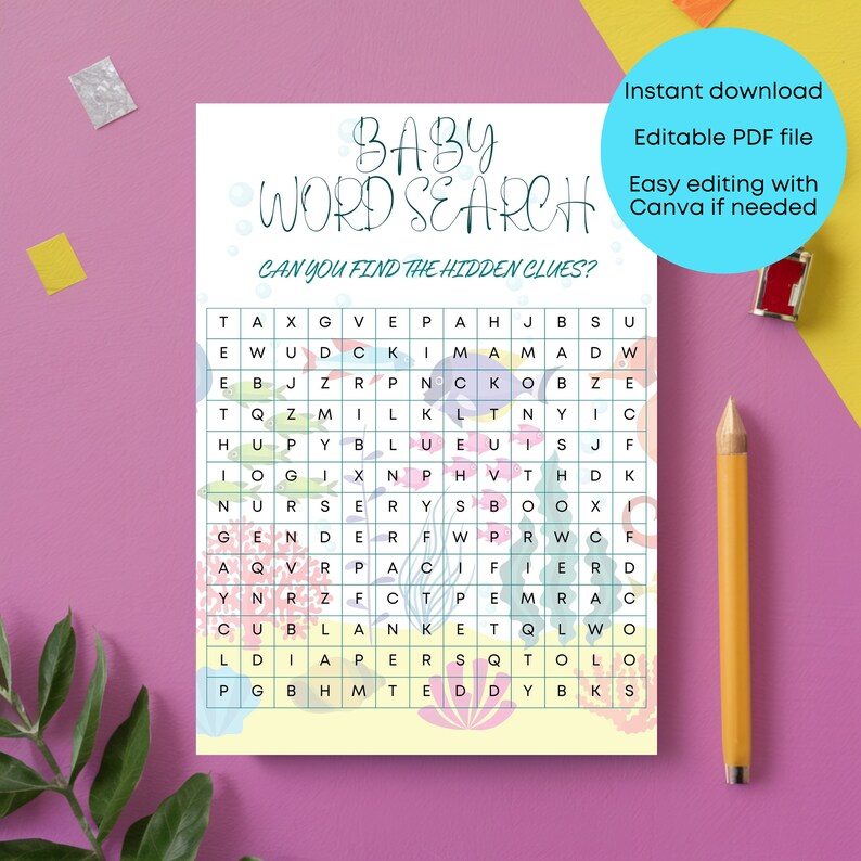 Under the Sea Theme Baby Shower Word Search Printable Game, Instant ...