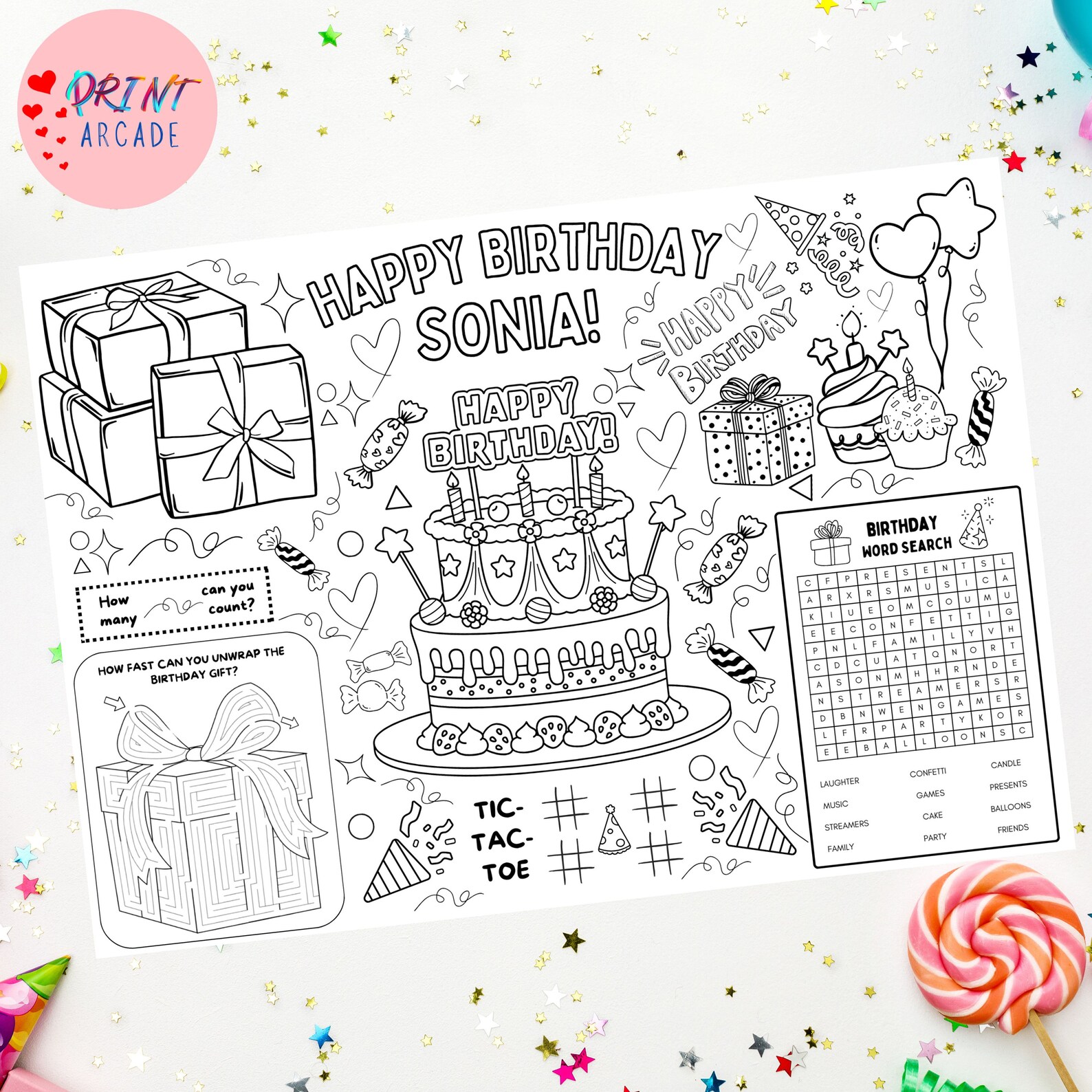 Birthday Party Activity Sheet, Interactive Coloring Gift - Customizable ...