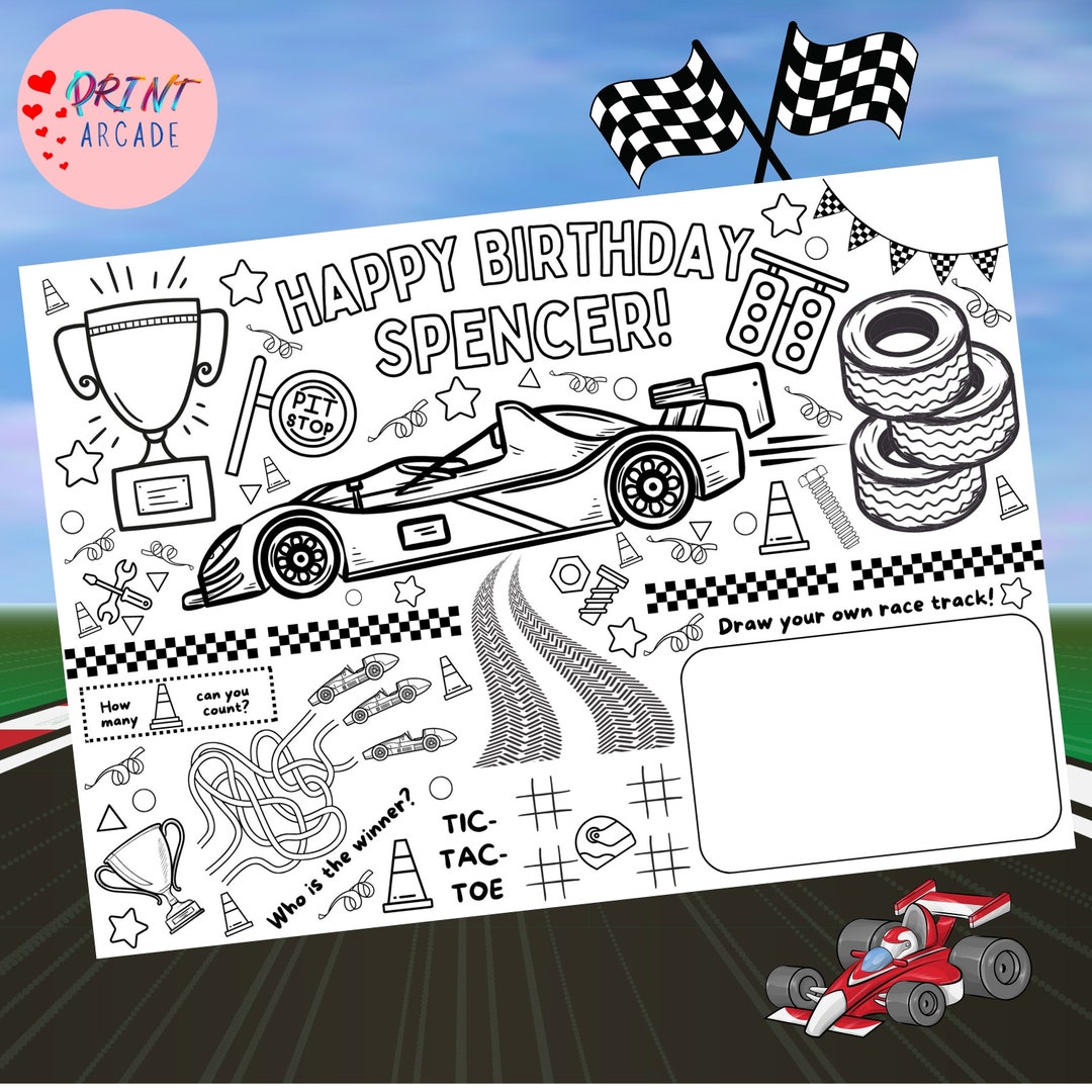 Race Car Birthday Party Activity Sheet, Interactive Coloring Gift ...