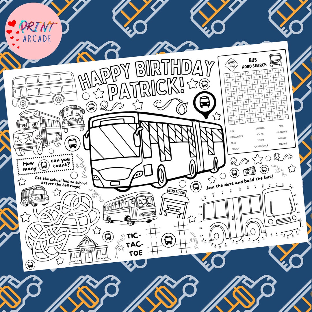 Bus Birthday Party Activity Sheet, Interactive Coloring Gift ...