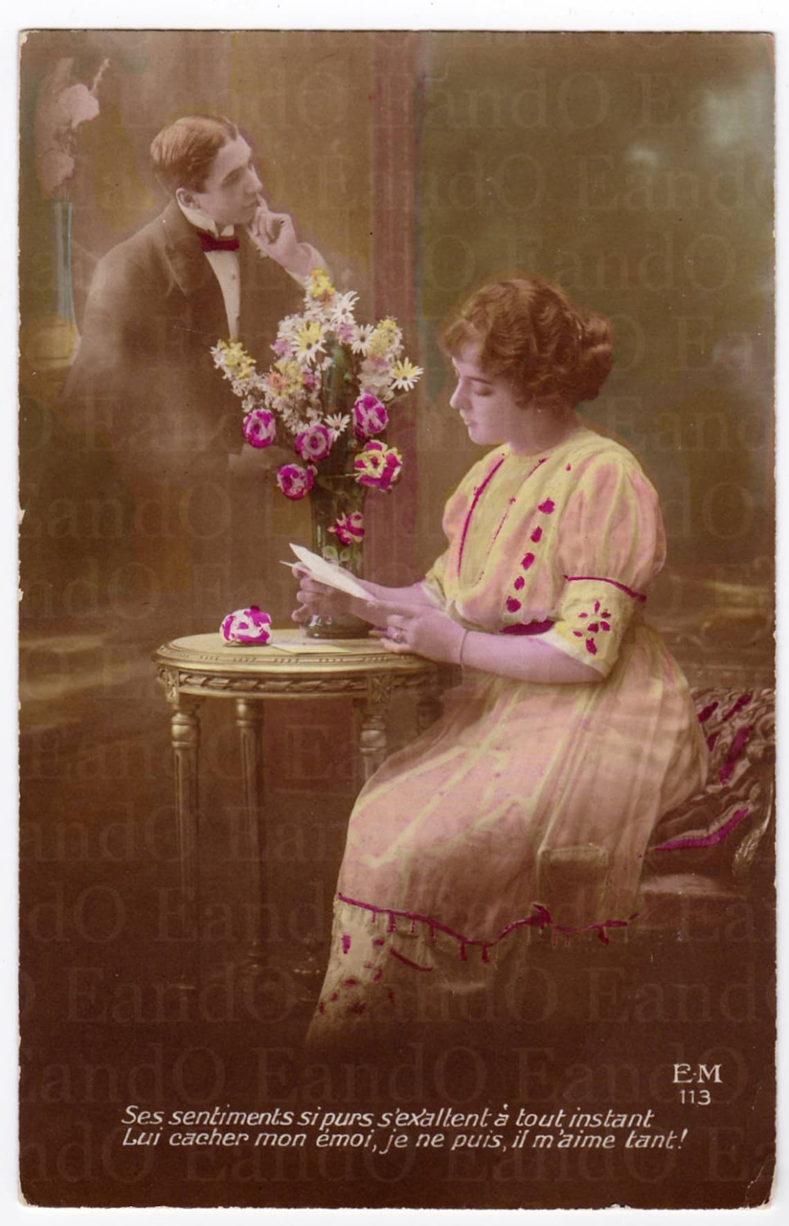 Beautiful French Antique Romantic Postcard 1910s Beautifully Hand ...
