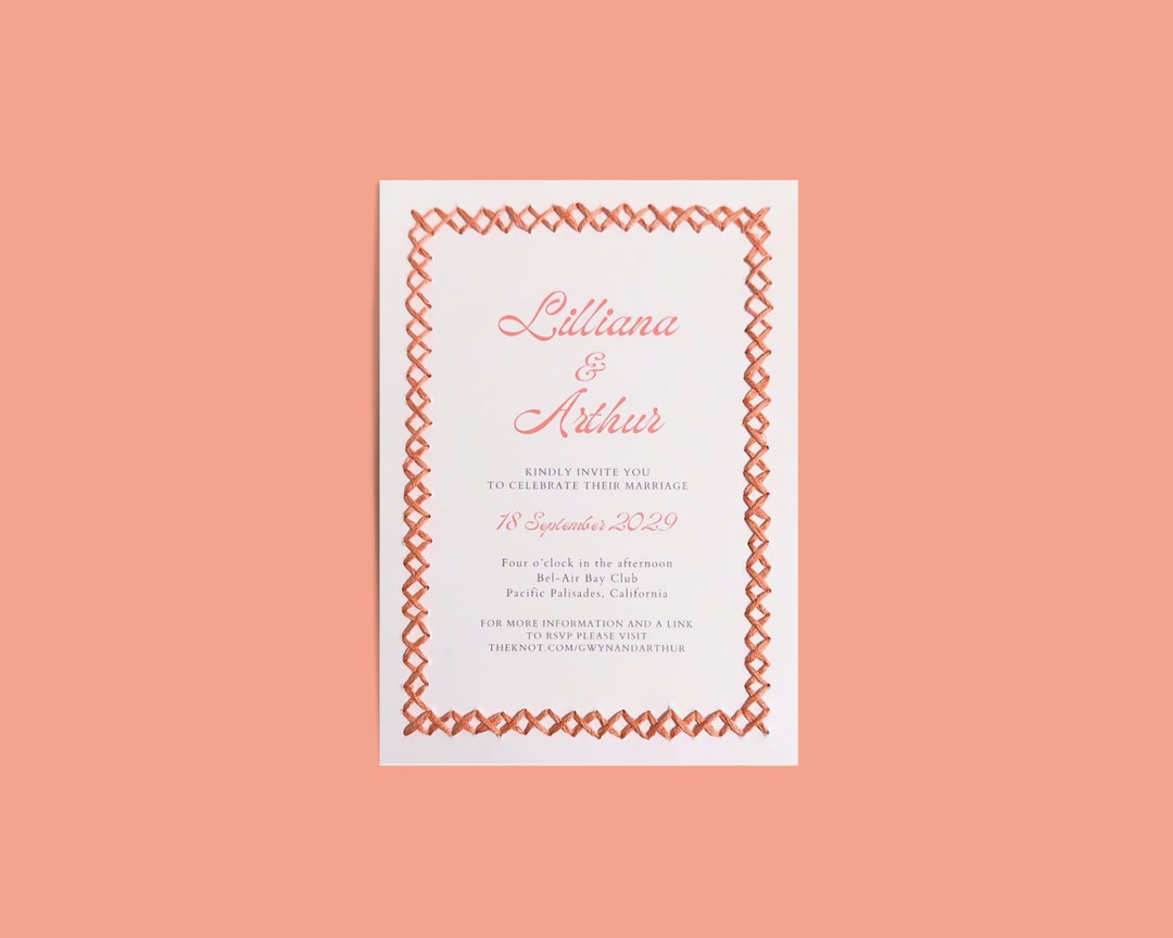 Criss Cross Coral Wedding Invitation, Hand Stitched Invitations, Coral ...