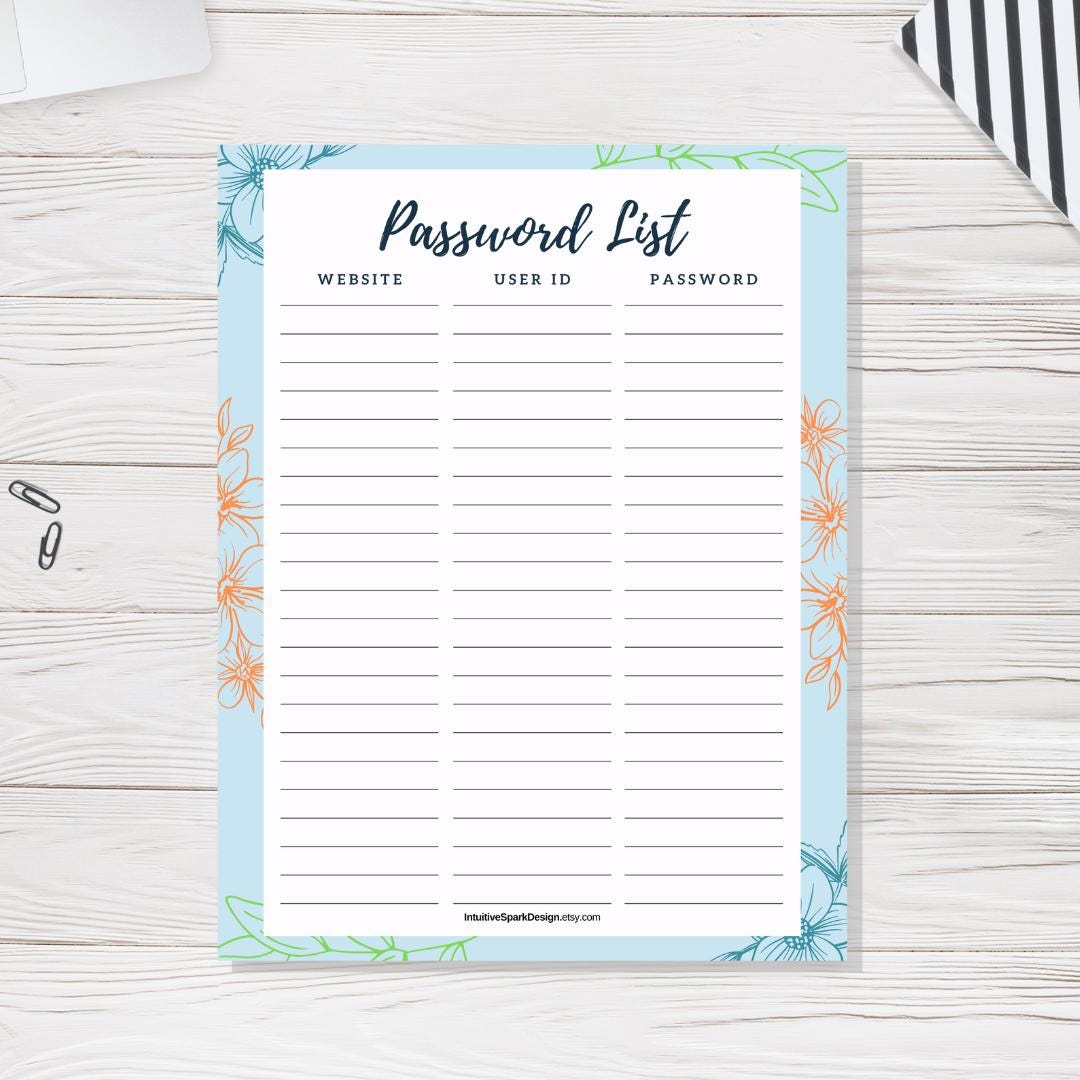 Account & Password List Tracker: Printable Template to Securely ...