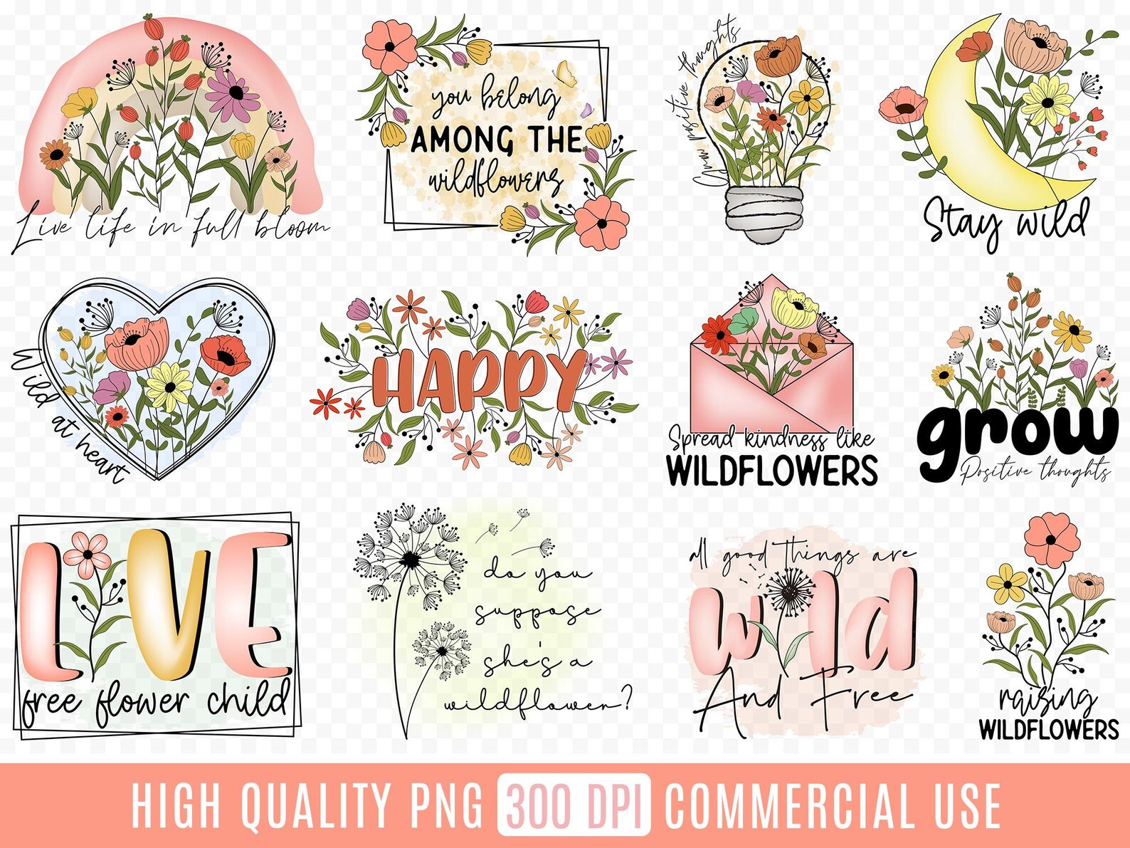 Floral Quote PNG Bundle, Wildflower Png Bundle, Wildflower Sublimation ...