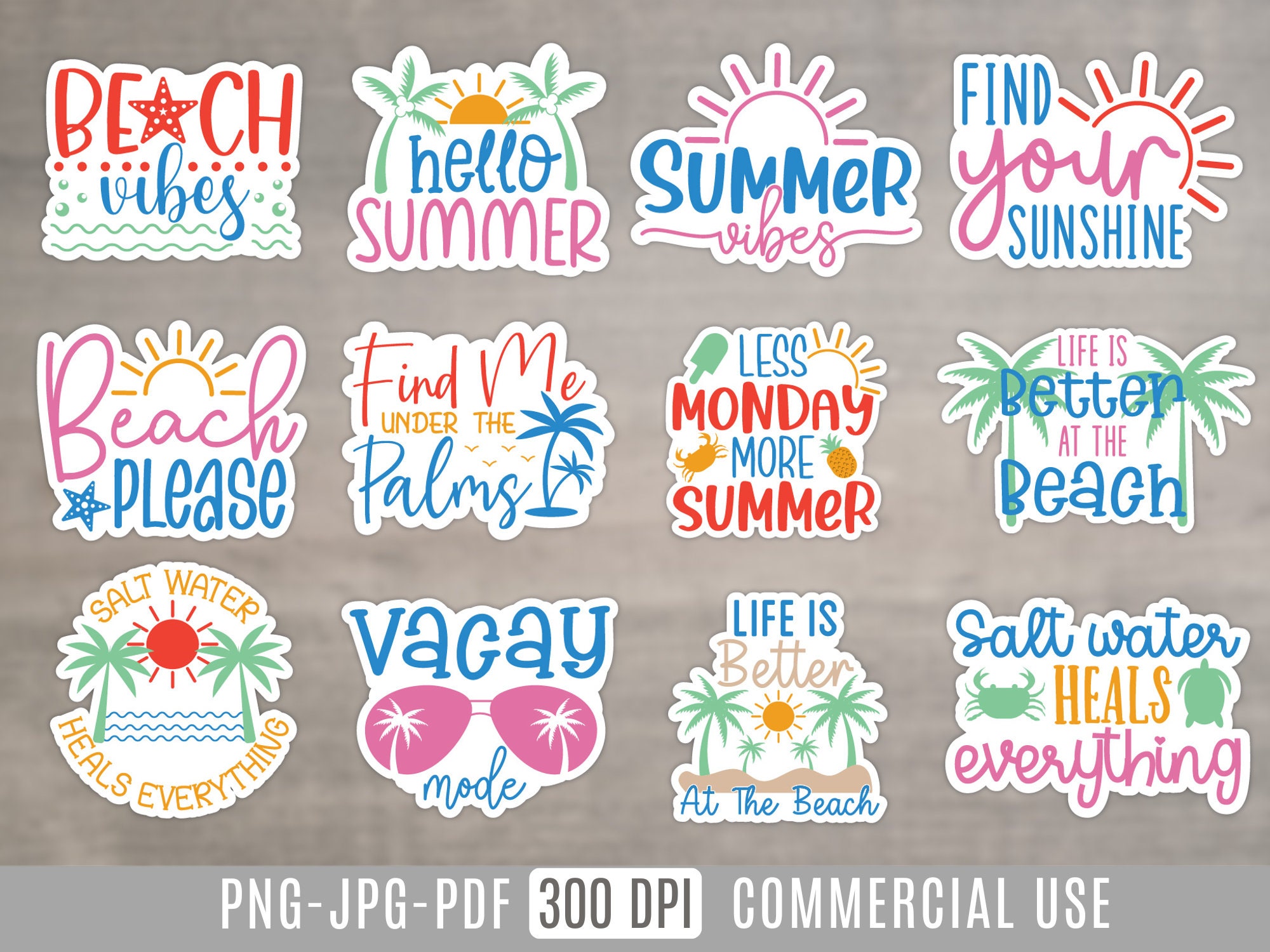Summer Printable Stickers Bundle, Digital Stickers Png Bundle, Summer ...