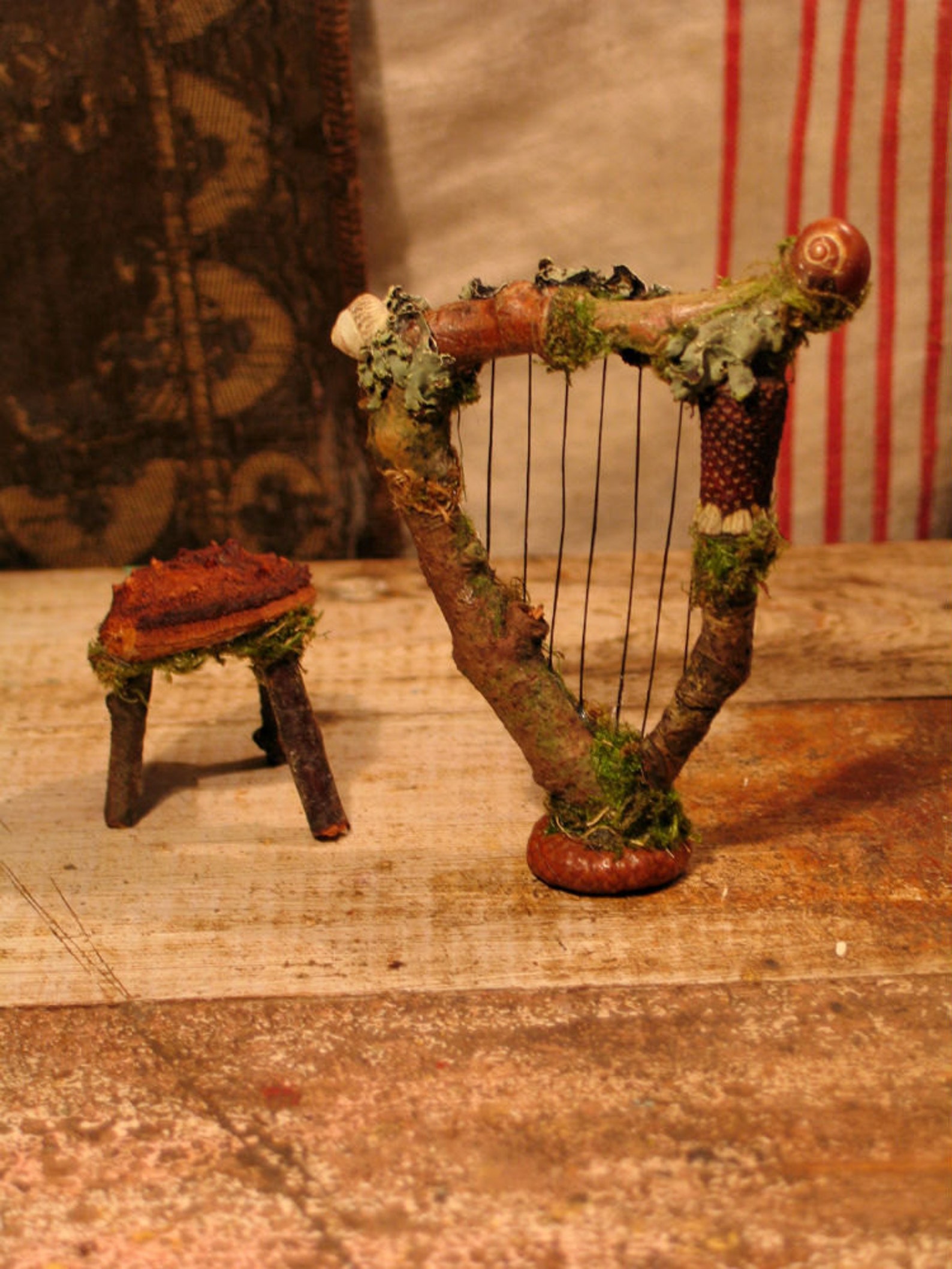 Faery Harp and Three Legged Stool Miniature Dollhouse Fairy Gardens ...