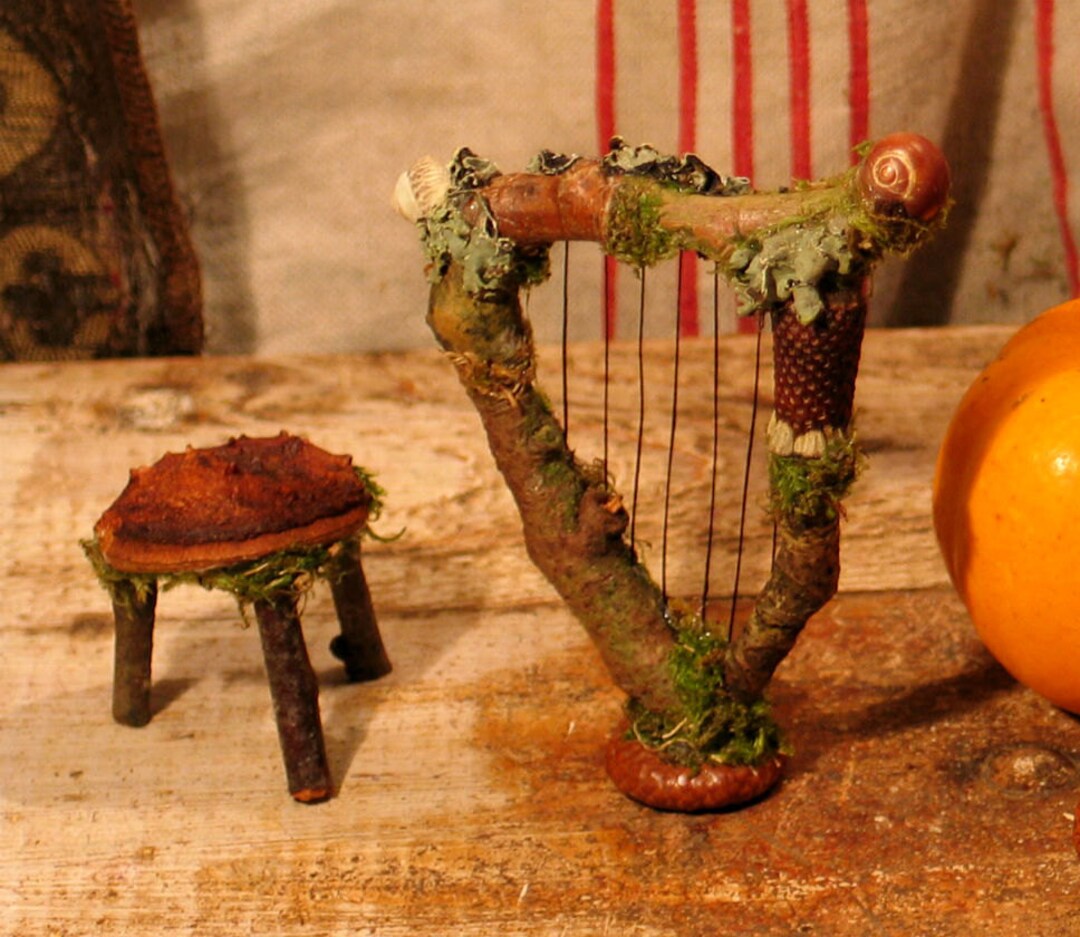 Faery Harp and Three Legged Stool Miniature Dollhouse Fairy Gardens ...