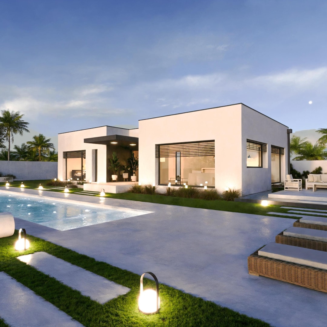 Modern One-story Villa Blueprint: 1-bedroom House With Pool (PDF ...