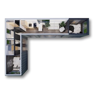 Container House Plan L-shaped With 2 Bedroom and Metal Cladding - 36m2 ...