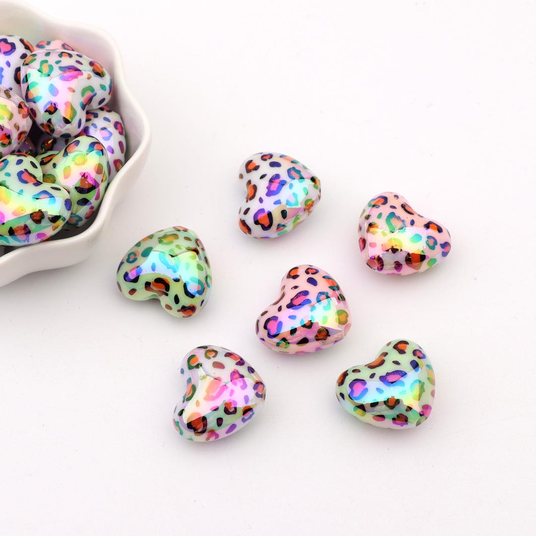 Leopard Print Heart Beads, Chunky Acrylic Heart Charms, DIY Jewelry ...