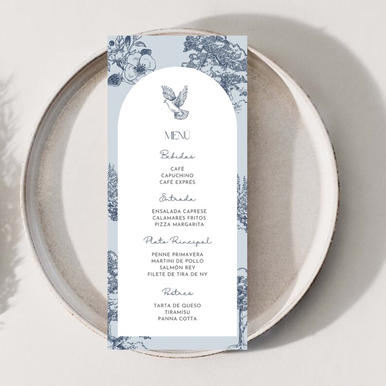 Customizable in SPANISH Light Blue and Dusty Blue Menu With Dove, Trees ...
