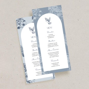 Customizable Light Blue and Dusty Blue Menu With Dove, Trees & Flowers ...