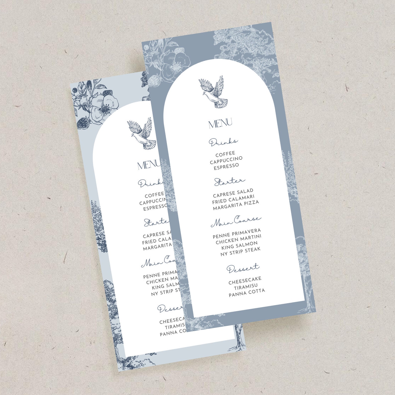 Customizable Light Blue and Dusty Blue Menu With Dove, Trees & Flowers ...