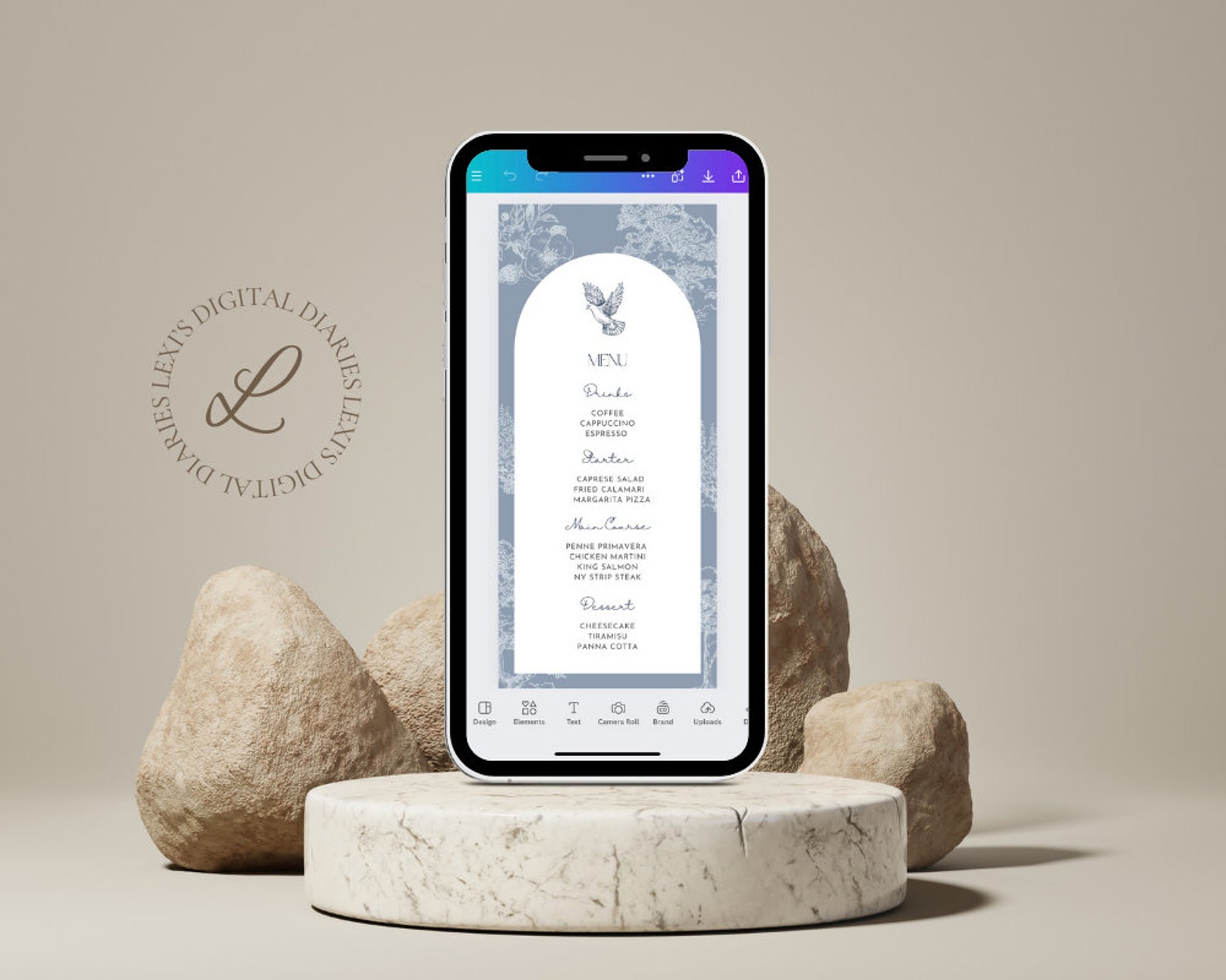 Customizable Light Blue and Dusty Blue Menu With Dove, Trees & Flowers ...